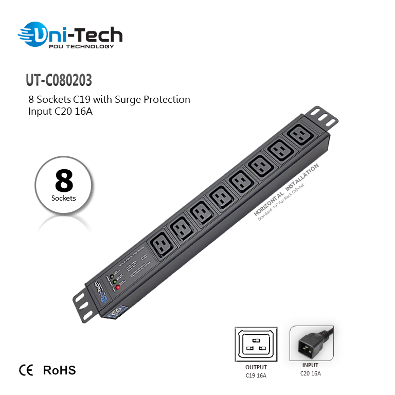 8 Sockets C19 with 3LSP, Input C20 16A – Unitech PDU