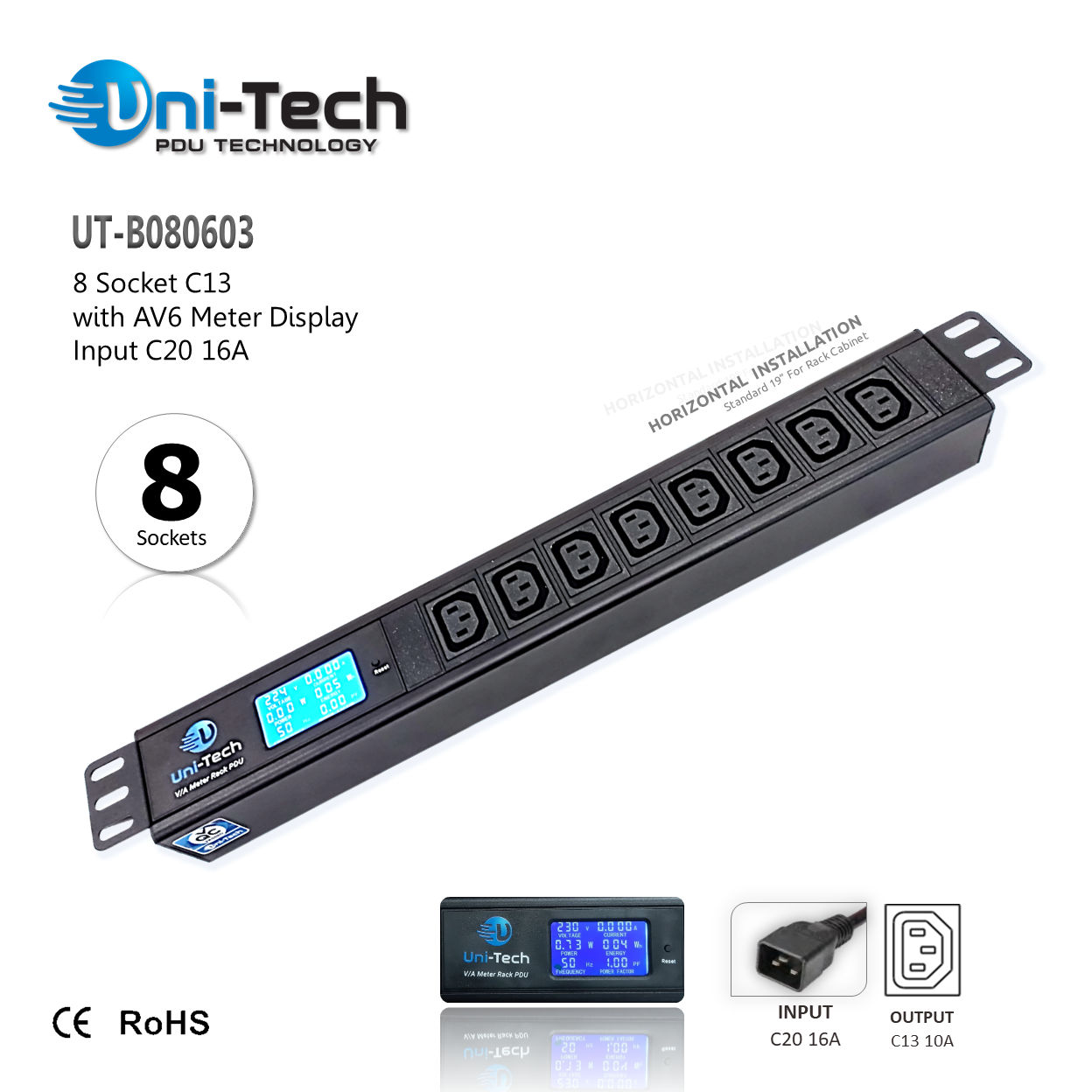 8 Sockets C13 with AV6 Meter, Input C20 16A – Unitech PDU