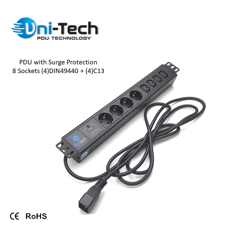 8 Sockets, Mix. DIN49440+C13 with SPD, Input C20 16A – Unitech PDU