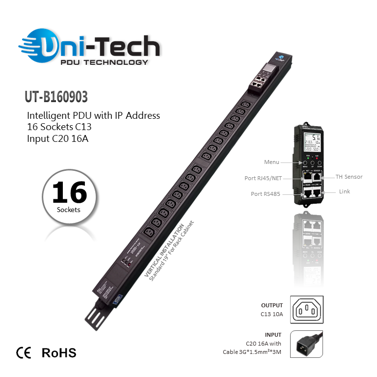 16 Sockets C13 Intelligent PDU, Input C20 16A – Unitech PDU